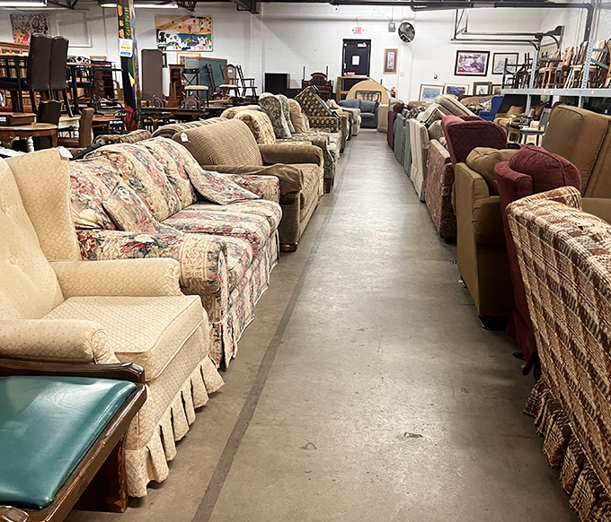 The sofa section: where floral patterns go to find second homes and where your living room makeover begins its budget-friendly journey.