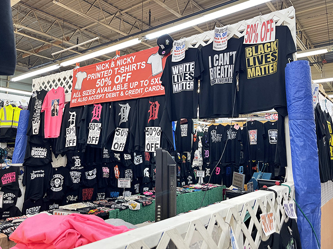 T-shirt vendors offering wearable opinions and local pride&mdash;because sometimes you need your chest to do the talking before your mouth gets the chance.