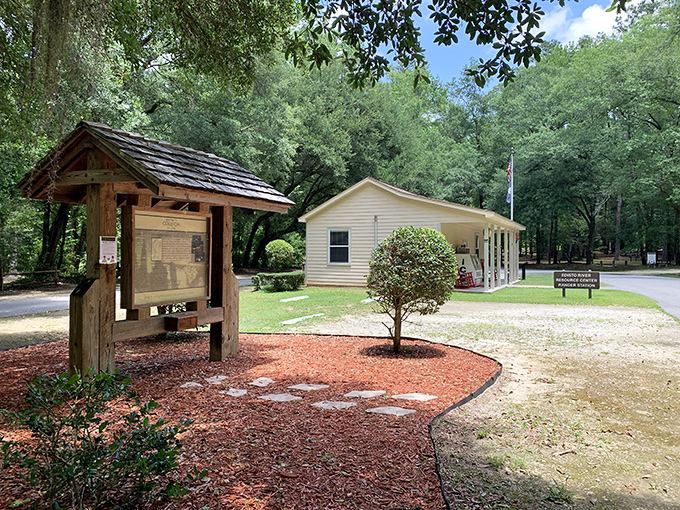 The park office welcomes visitors with classic charm and practical information. Your adventure's command center awaits.
