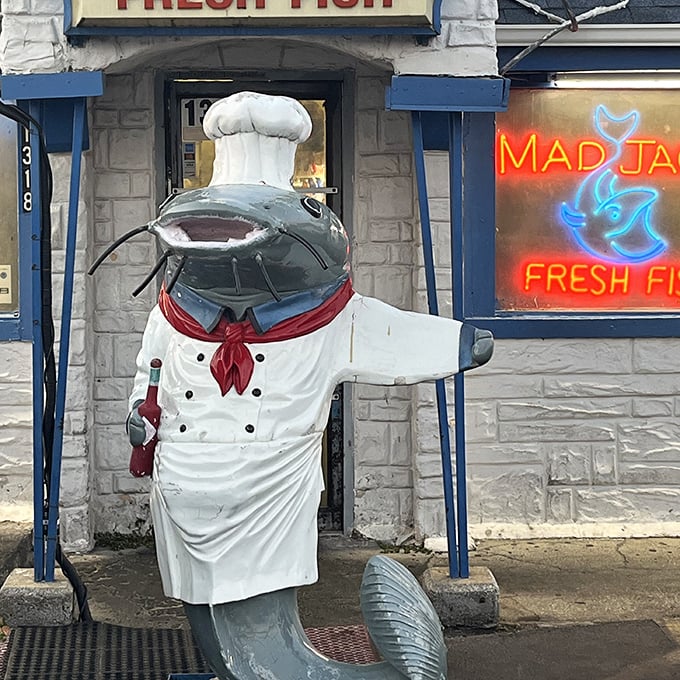 The catfish chef statue stands guard outside &ndash; a whimsical welcome that hints at the seafood magic happening inside this unassuming building.
