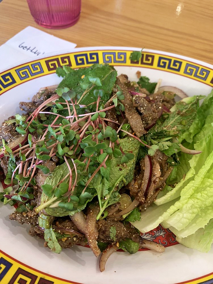 Steak salad dressed with herbs and that toasted rice powder adding nutty crunch&mdash;vegetables never looked this exciting or flavorful.
