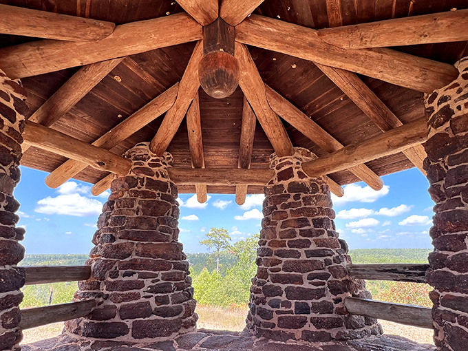 Inside the stone shelter, looking out at forever. The CCC boys built this view by hand, without a single Instagram influencer in sight.