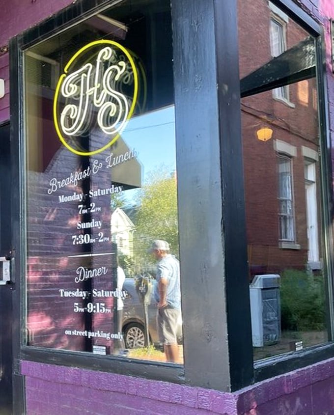 The window sign reveals the precious hours when breakfast magic happens &ndash; note them down like the valuable information they truly are.