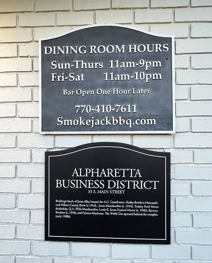 The hours sign tells you when to get your fix, while the historical marker reminds you that you're dining in a district with stories to tell.