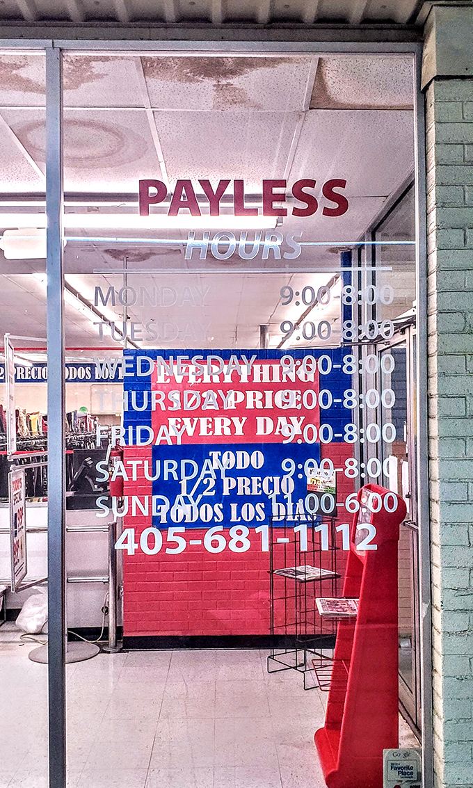 The store hours sign doubles as a promise: "Half price everything, every day." Music to a bargain hunter's ears.