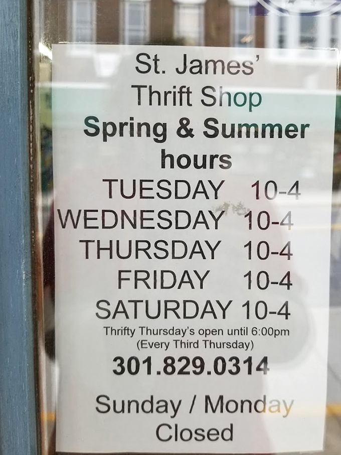 "Thrifty Thursdays" and weekend hours—crucial intelligence for planning your treasure hunting expeditions with military precision.