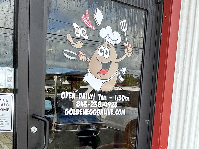 The cheerful egg mascot on the door practically dances with spatula in hand&mdash;the universal sign for "good things happen inside."