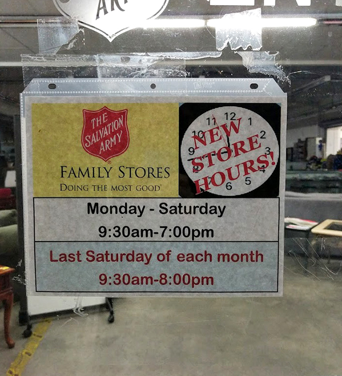 Store hours posted with no-nonsense clarity—because treasure hunting requires proper planning and the early bird catches the vintage Pyrex.