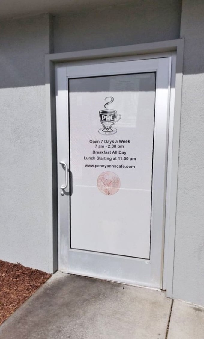 The door promises breakfast all day – words that rank among humanity's greatest phrases, right up there with "free wifi" and "snow day."