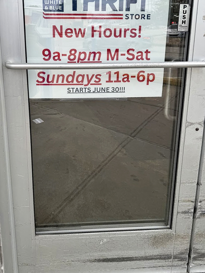 The store hours sign&mdash;the most important information for serious thrifters. Sunday shopping is the equivalent of a weekend treasure hunt championship.