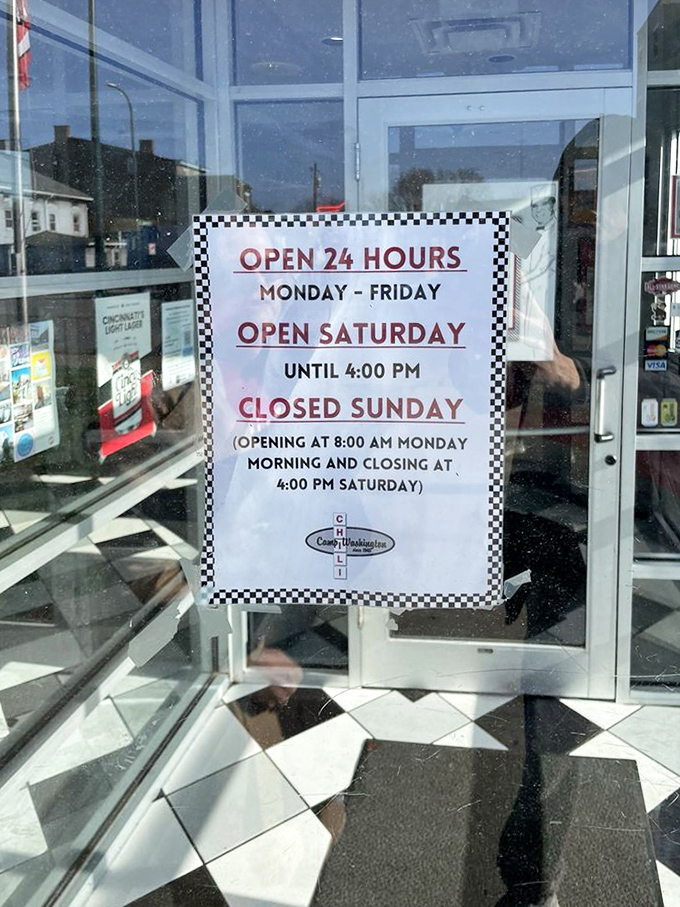 The hours sign reveals the establishment's dedication—open 24 hours weekdays because chili cravings know no clock.