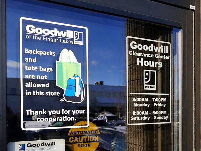 The rules of engagement clearly posted: no backpacks allowed and specific hours for your bargain safari. Plan accordingly, hunters!