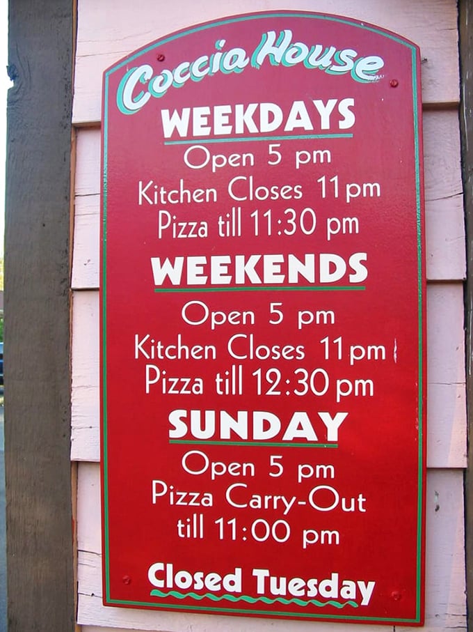 Those hours tell you everything &ndash; they open when they're ready and close when they're done. Tuesday's off because even pizza legends need a day of rest.