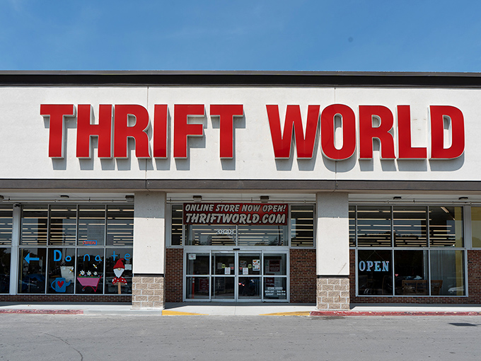 The storefront announces "ONLINE STORE NOW OPEN!" proving even thrift shopping has entered the digital age. Some treasures can't wait for in-person hunting.