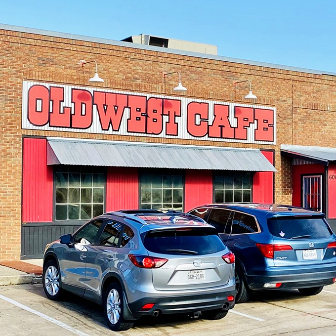 The bold red facade stands proud against brick, announcing itself like a beacon for anyone seeking breakfast salvation in Grapevine.