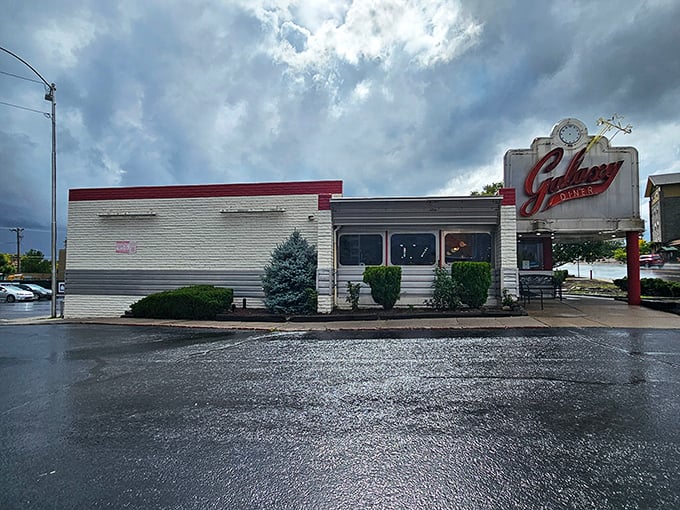 After a desert rain, even the Galaxy Diner looks like it's been freshly polished and ready for its close-up. That sign promises refuge from both weather and ordinary food.