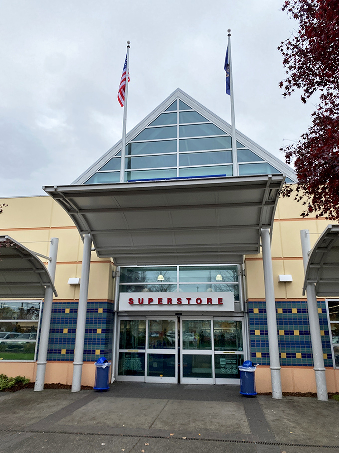 Even on gray Portland days, the Goodwill Superstore's distinctive entrance promises bright possibilities for sustainable shopping adventures inside. 