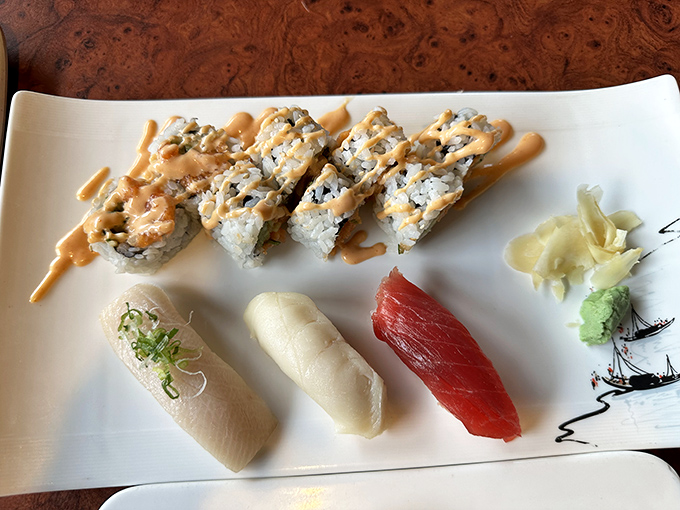 Fresh sushi and creative rolls showcase the kitchen's commitment to quality and artistic presentation.