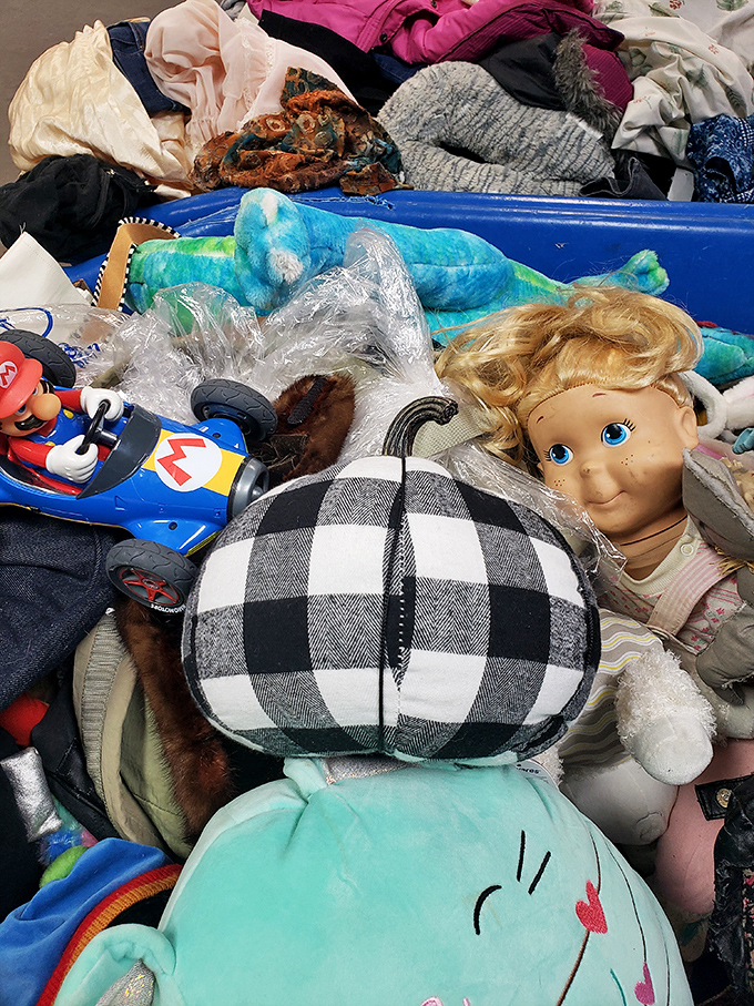 Stuffed animals and toys create a colorful jumble of childhood nostalgia—that buffalo check pumpkin is just waiting for fall decorating.