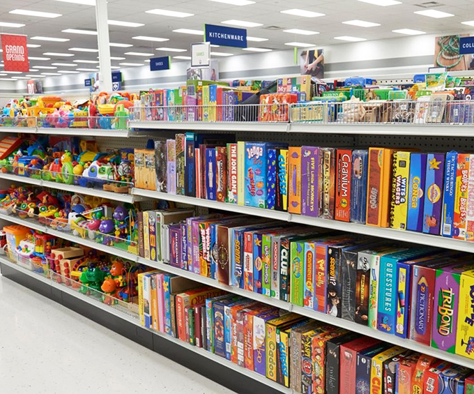 Board game bonanza meets toy explosion! Childhood nostalgia packaged neatly on shelves, just waiting to create new memories in different homes.