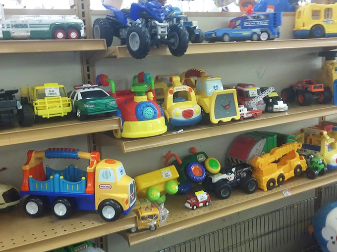 Childhood joy priced to move! These shelves of pre-loved toys prove that plastic dinosaurs and dump trucks never really go out of style.
