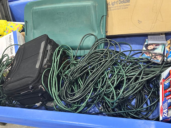The electronics bin: where tangled cords and mysterious gadgets create a puzzle that only the most patient bargain hunters dare solve.