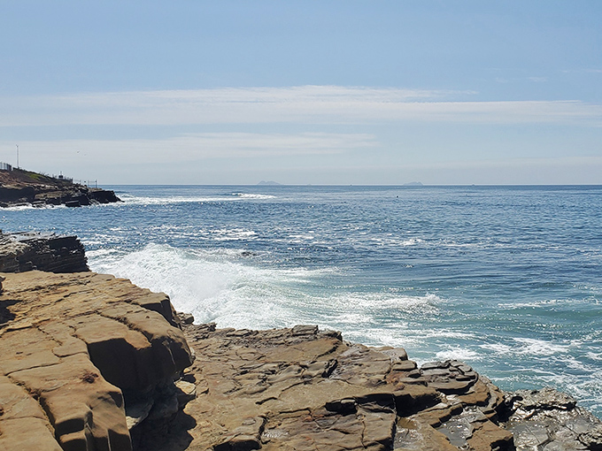 The Pacific lives up to its name on calm days, but these layered rocks tell tales of its more temperamental moods.