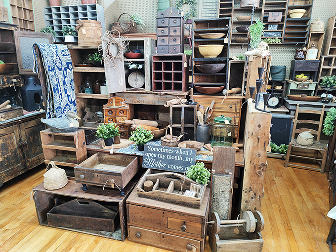 Primitive wooden drawers and rustic storage solutions create a farmhouse aesthetic that HGTV designers try desperately to replicate.