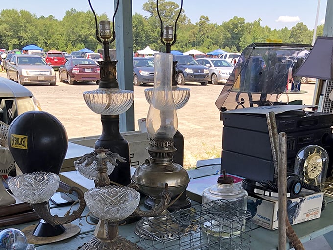 Vintage oil lamps and crystal dishes catch the morning light, transforming ordinary glass into extraordinary possibilities for someone's dining room table.