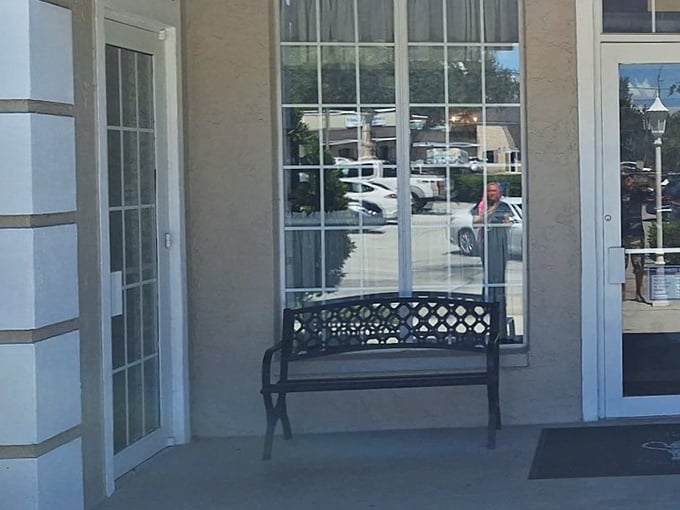 The waiting area bench isn't just furniture&mdash;it's where breakfast anticipation builds and the aroma of coffee makes patience a little easier.