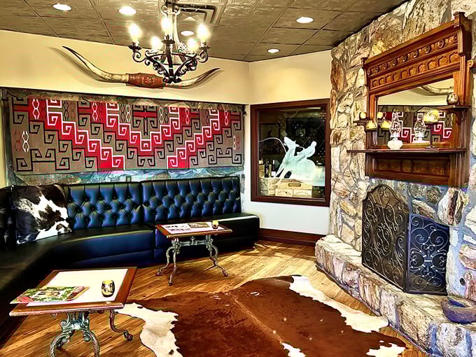 A waiting area that combines Southwestern textiles with cowhide&mdash;proving that comfort and authentic Western style aren't mutually exclusive.