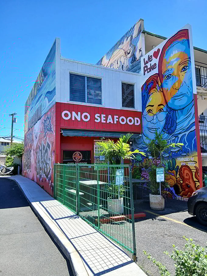 Vibrant murals celebrate Hawaii's love affair with poke. The art outside is almost as colorful as the flavors waiting inside.
