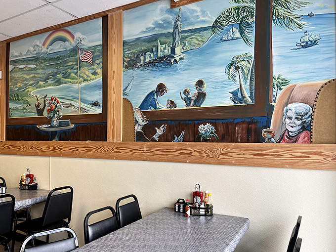 Wall murals depicting Keys life add local character. Like eating in someone's Florida dream, with ketchup bottles conveniently within reach.