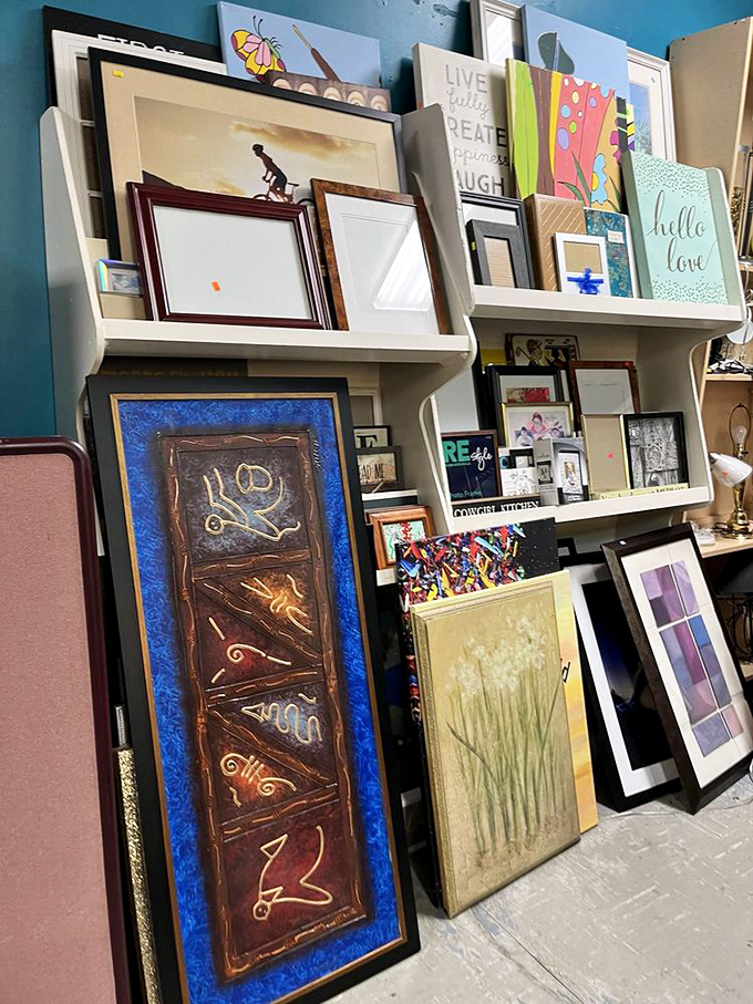 Wall art gallery where framed inspiration and quirky statements lean against each other like old friends at a reunion. Someone's discarded decor becomes your statement piece.