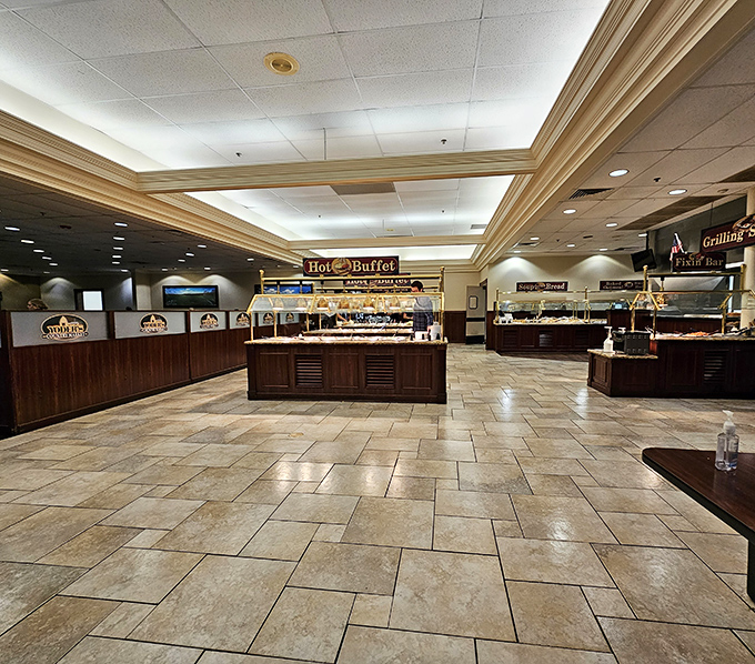 The expansive buffet area awaits the hungry masses&mdash;a temple of abundance where the only appropriate prayer is "Please let my pants still fit tomorrow."