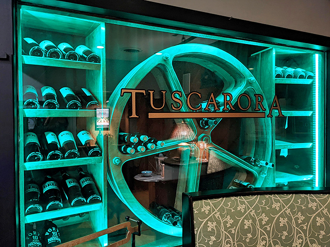 The wine cellar glows with an otherworldly aqua light, showcasing bottles that have been waiting patiently for your special occasion.
