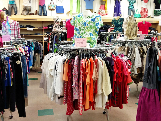 Color-coded clothing racks create a rainbow of possibilities for fashion-forward shoppers on a sensible budget.