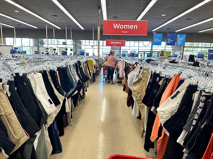 The women's section: where pants are arranged with military precision and shopping becomes a strategic operation worthy of Pentagon planning.