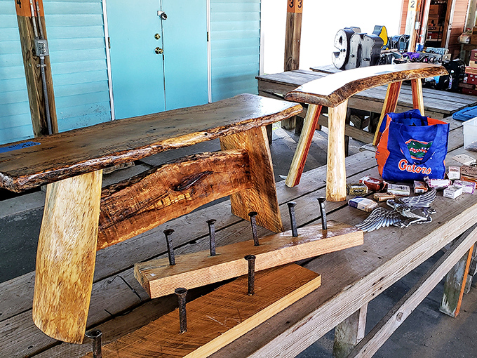 Rustic wooden benches crafted with the kind of authenticity that furniture catalogs try desperately to fake. Live-edge perfection that brings the outdoors inside.