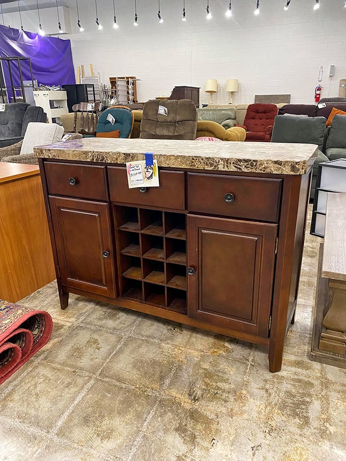 This buffet table has hosted imaginary dinner parties in three different decades. The wine rack is practically begging for your bottle collection.