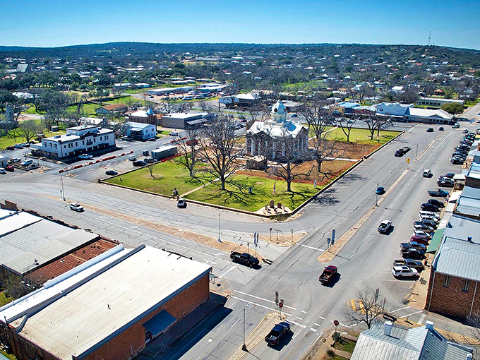 An aerial view of Mason shows how the town's historic courthouse serves as the centerpiece for this gem of the Hill Country.
