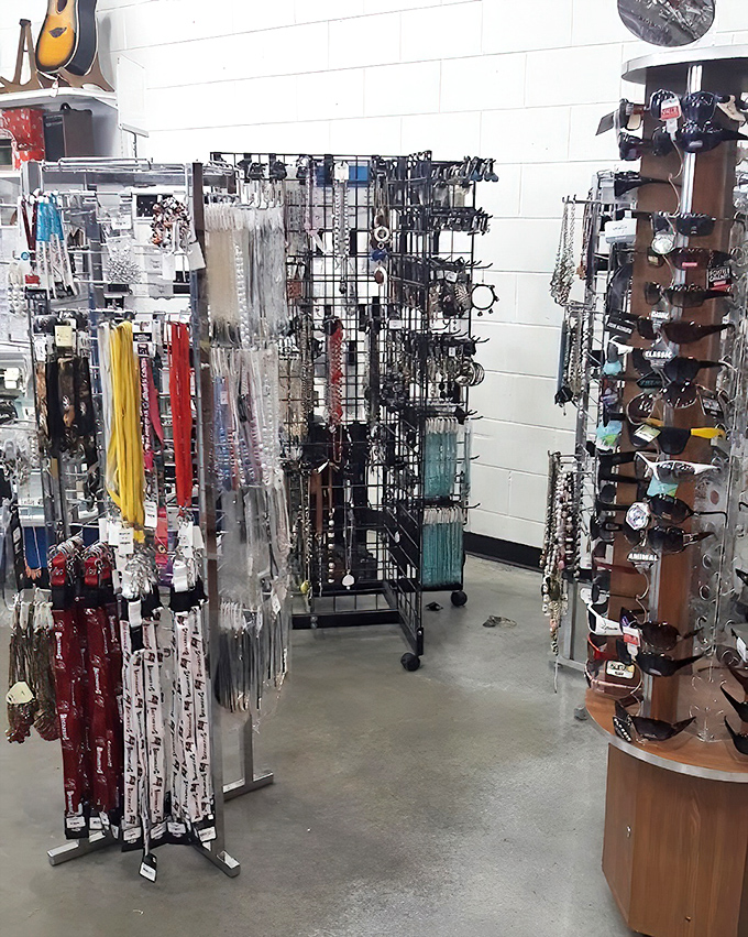 The accessories aisle&mdash;where necklaces, belts, and sunglasses dangle like possibilities. This treasure trove of finishing touches completes thrifted outfits with flair.
