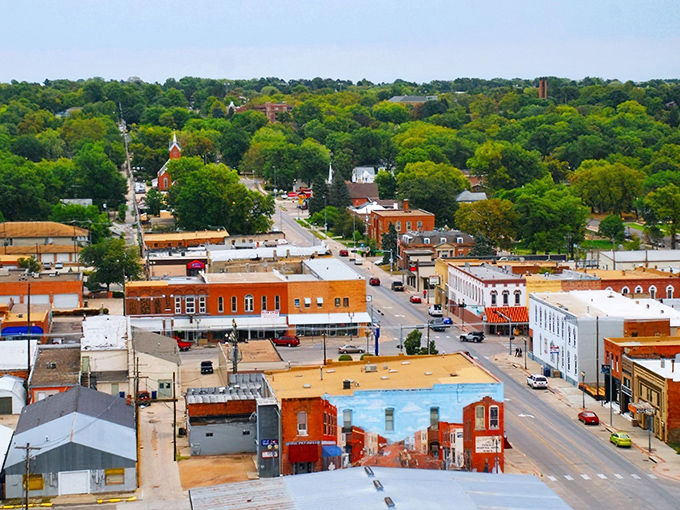 From above, Crete reveals its perfect small-town geometry&mdash;a place where tree canopy outnumbers buildings and streets lead to neighbors rather than strangers.