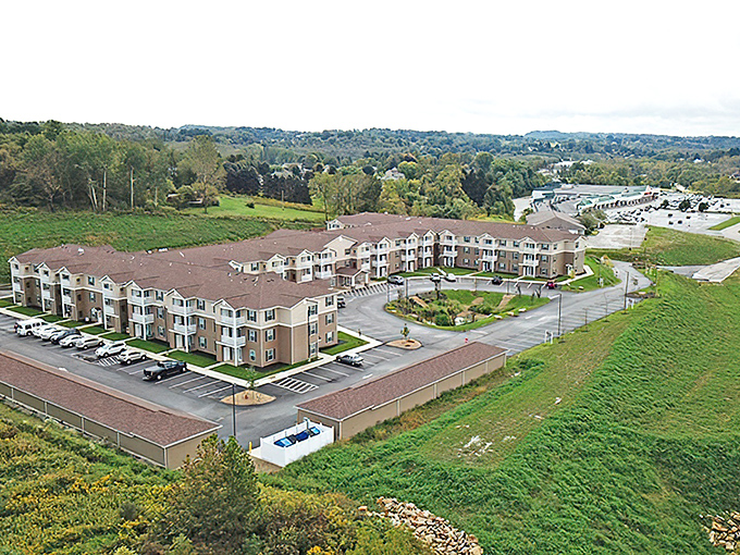 Nestled into Pennsylvania's rolling landscape, this aerial view shows how Connect55+ blends seamlessly into nature while keeping convenience within reach.