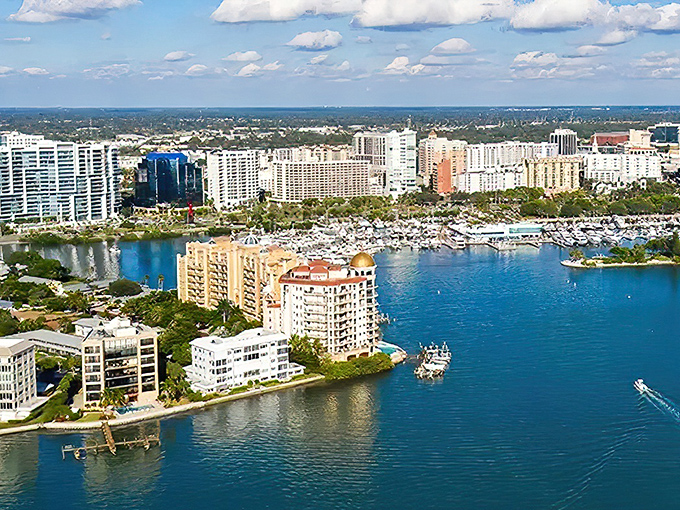From above, Sarasota's waterways create a jigsaw puzzle of blue against urban landscape&mdash;a reminder that water is the lifeblood of this Florida paradise.