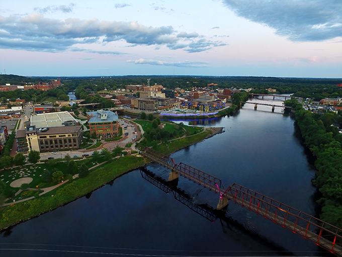 From above, Eau Claire reveals its true character – a city embraced by rivers, with downtown nestled in their convergence like it couldn't possibly belong anywhere else.