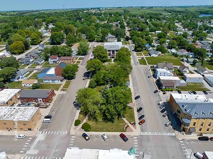 This aerial view reveals Corning's perfect town square design, where all roads lead to a community center surrounded by a canopy of trees.