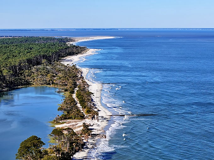 From above, the island reveals its true self&mdash;a slender ribbon of sand caught in an eternal dance between forest and ocean. 