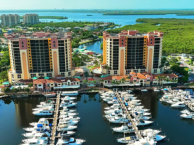 This aerial view of Cape Coral's marina proves that boat parking can be more photogenic than car parking. Water, sunshine, and retirement dreams.