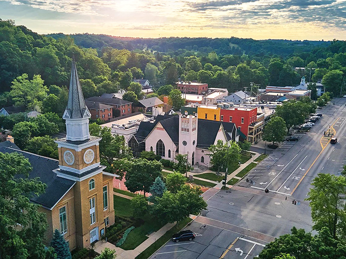 From above, Granville reveals itself as a masterclass in small-town planning, where church spires and leafy streets create a Norman Rockwell painting come to life.